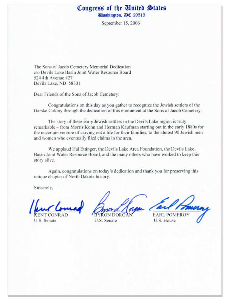 Letter From US Congress - Sons of Jacob Cemetery